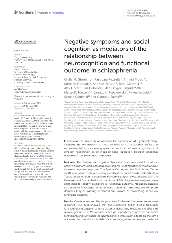 (PDF) Negative symptoms and social cognition as mediators of the relationship between ...
