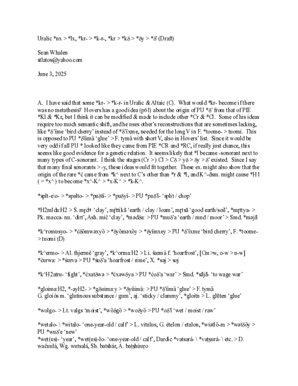 (PDF) Uralic *nx > *lx, *kr-> *k-r-, *kr > *kδ > *δy > *δ' (Draft)
