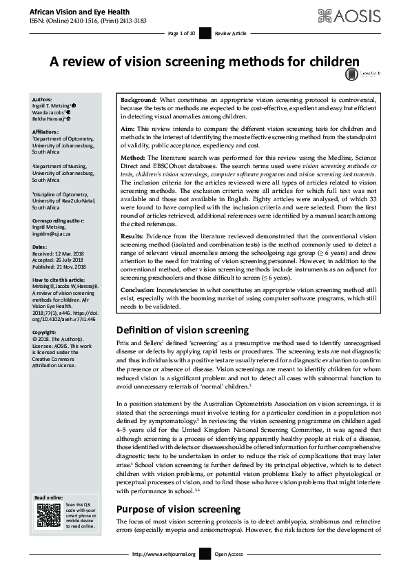 (PDF) A review of vision screening methods for children