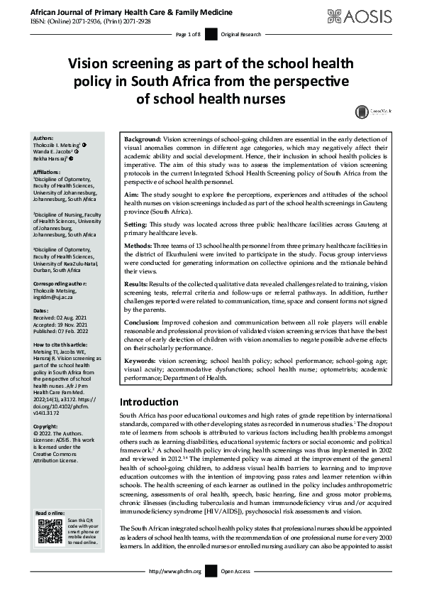 (PDF) Vision screening as part of the school health policy in South ...