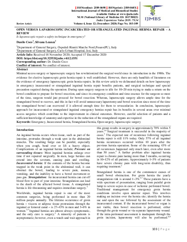 (PDF) Open Versus Laparoscopic Incarcerated or Strangulated Inguinal ...