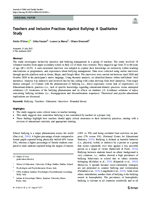(PDF) Teachers and Inclusive Practices Against Bullying: A Qualitative Study