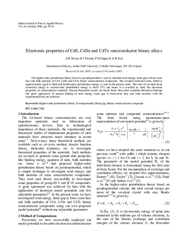 (PDF) Electronic properties of CdS, CdSe and CdTe semiconductor binary alloys