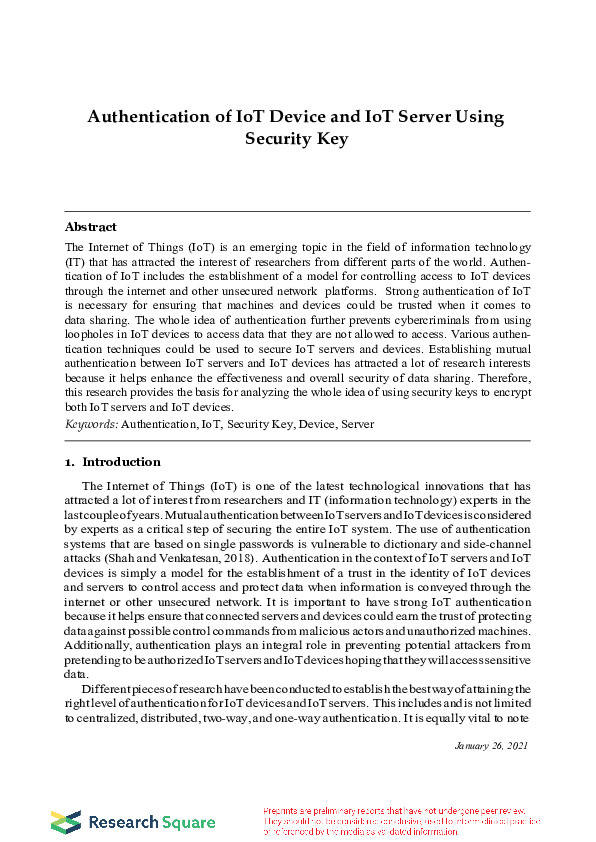 (PDF) Authentication of IoT Device and IoT Server Using Security Key
