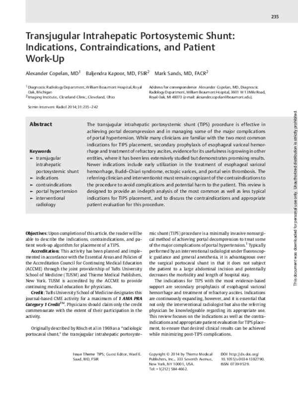 Pdf Transjugular Intrahepatic Portosystemic Shunt Indications Contraindications And Patient