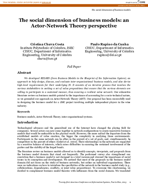 (PDF) The social dimension of business models: an Actor-Network Theory perspective