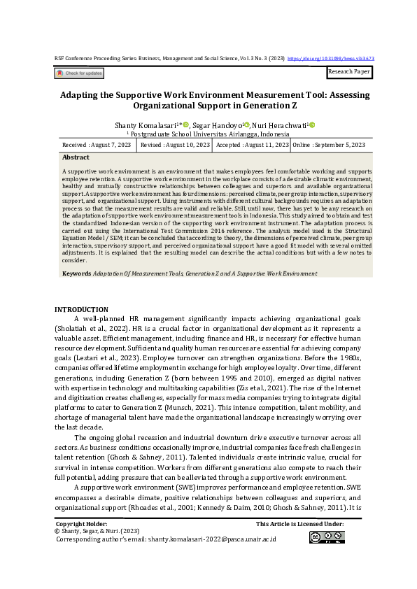 (PDF) Adapting the Supportive Work Environment Measurement Tool ...