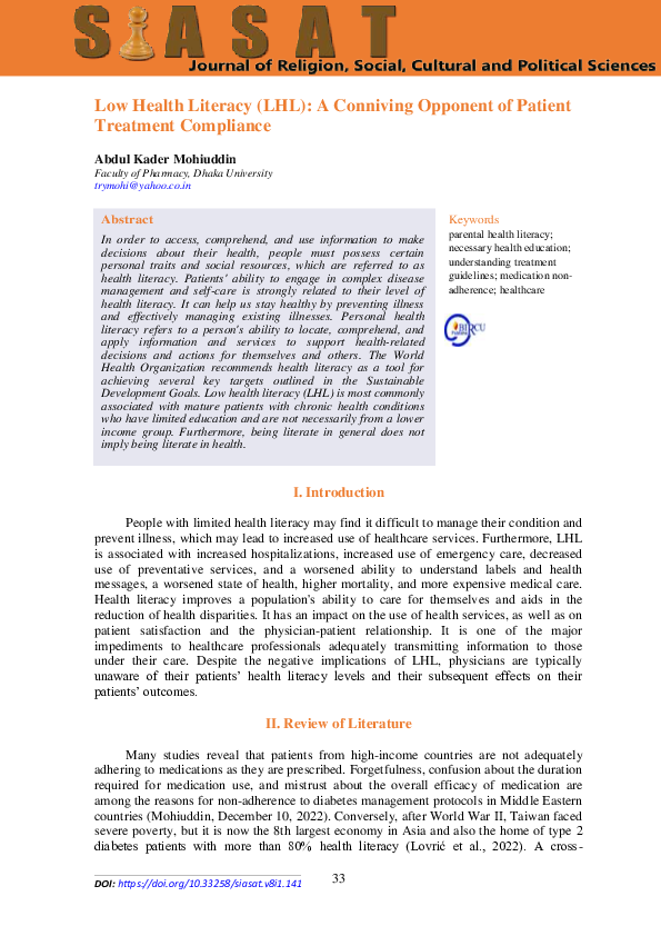 (PDF) Low Health Literacy (LHL): A Conniving Opponent of Patient ...