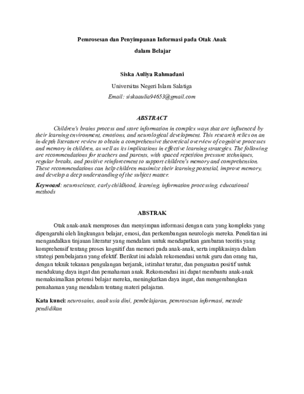 (PDF) Pemrosesan dan Penyimpanan Informasi pada Otak Anak dalam Belajar