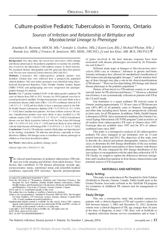 (PDF) Culture-positive Pediatric Tuberculosis in Toronto, Ontario