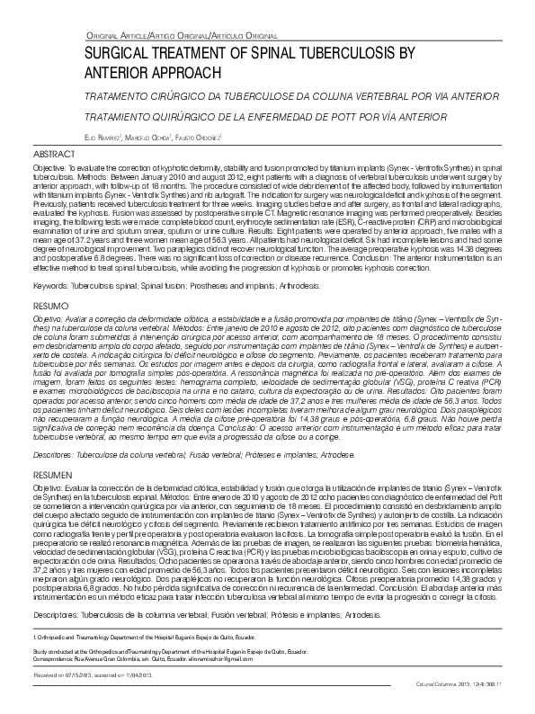(PDF) Surgical treatment of spinal tuberculosis by anterior approach