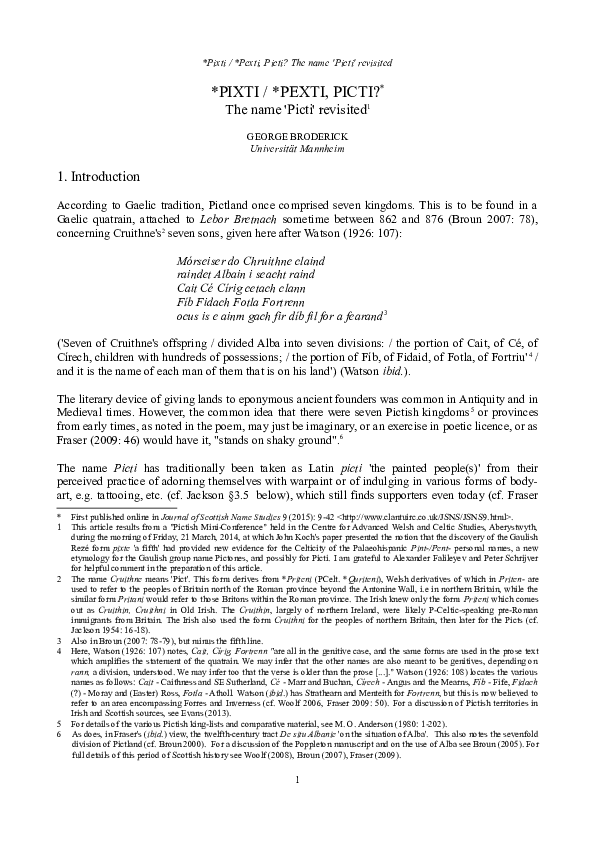 (PDF) *Pixti / *Pexti, Picti? The name 'Picti' revisited