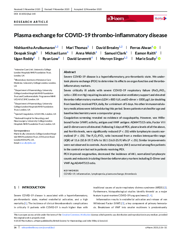 (PDF) Plasma exchange for COVID‐19 thrombo‐inflammatory disease