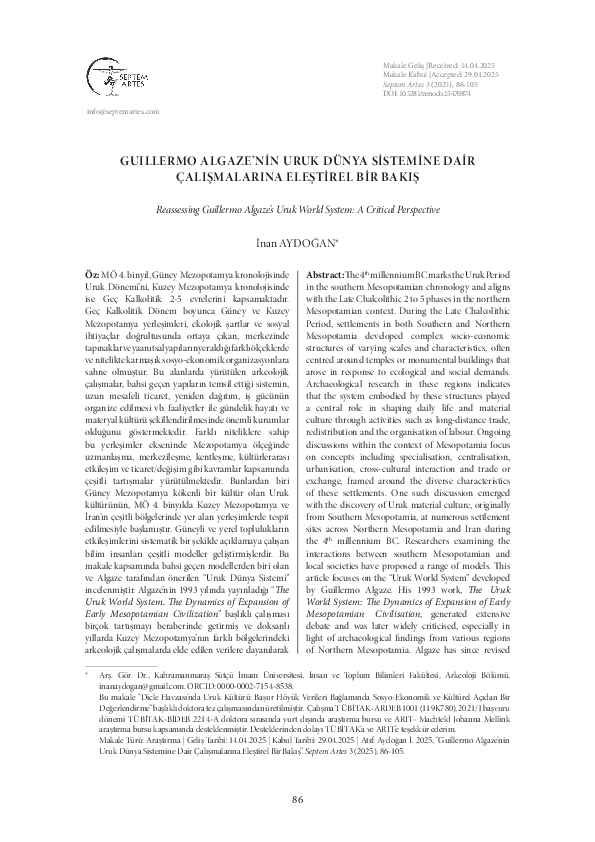 (PDF) Guillermo Algaze'nin Uruk Dünya Sistemi'ne Dair Çalışmalarına ...