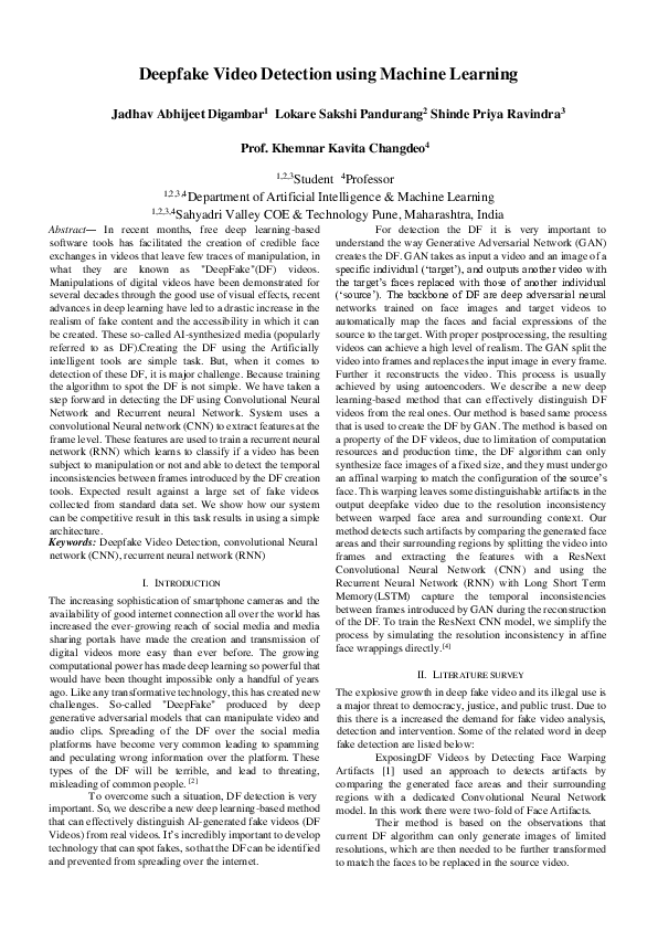(PDF) Deepfake Video Detection using Machine Learning
