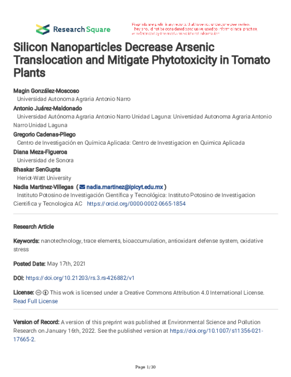 (PDF) Silicon nanoparticles decrease arsenic translocation and mitigate ...