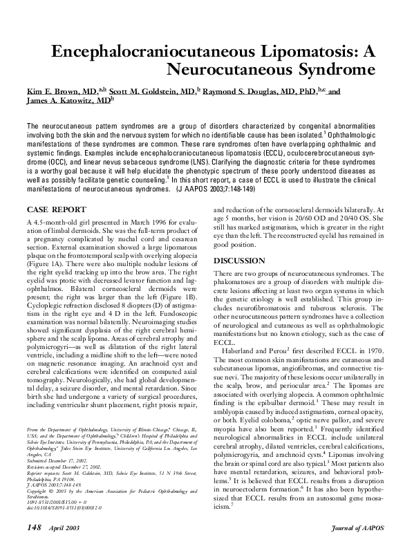 (PDF) Encephalocraniocutaneous lipomatosis: a neurocutaneous syndrome
