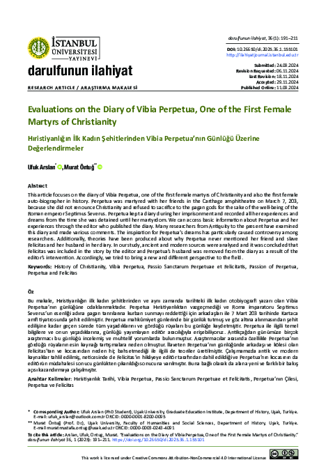 (PDF) Evaluations on the Diary of Vibia Perpetua, One of the First ...