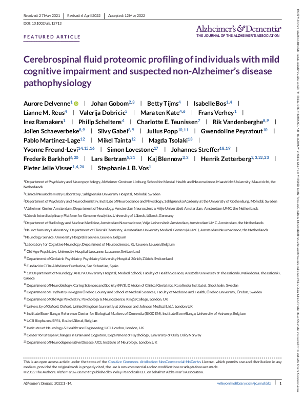 (PDF) Cerebrospinal fluid proteomic profiling of individuals with mild cognitive impairment and ...