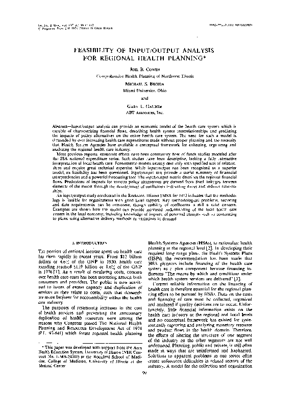 (PDF) Feasibility of input/output analysis for regional health planning