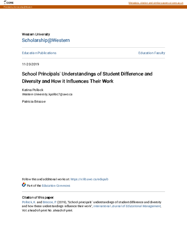 (PDF) School Principals\u27 Understandings of Student Difference and ...