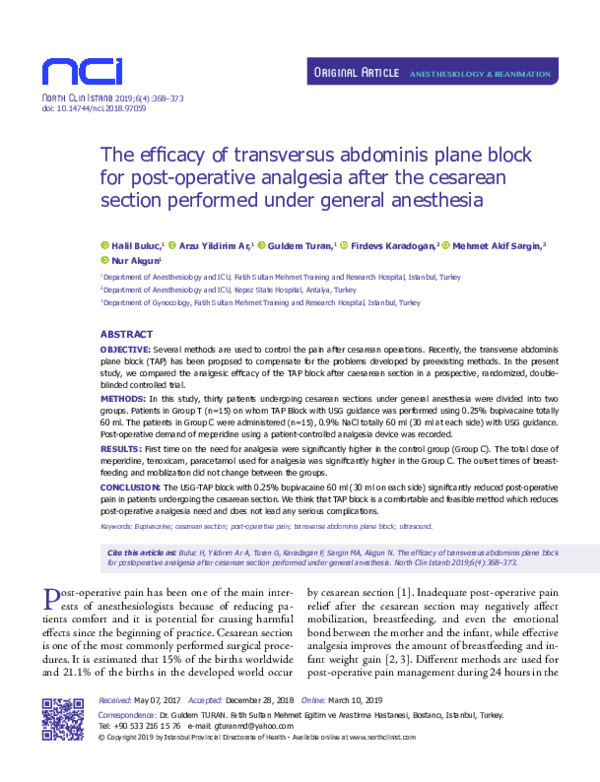 (PDF) The efficacy of transversus abdominis plane block for post ...