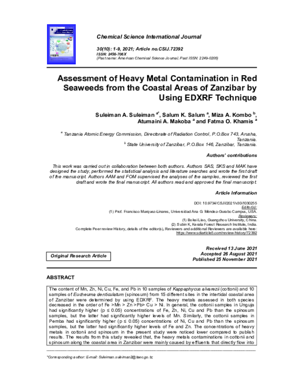 (PDF) Assessment of Heavy Metal Contamination in Red Seaweeds from the ...