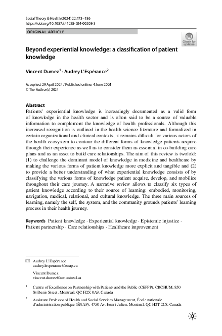 (PDF) Beyond experiential knowledge: a classification of patient knowledge