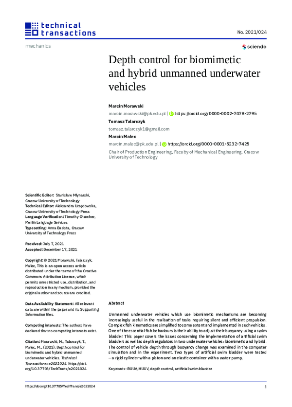 (PDF) Depth control for biomimetic and hybrid unmanned underwater vehicles