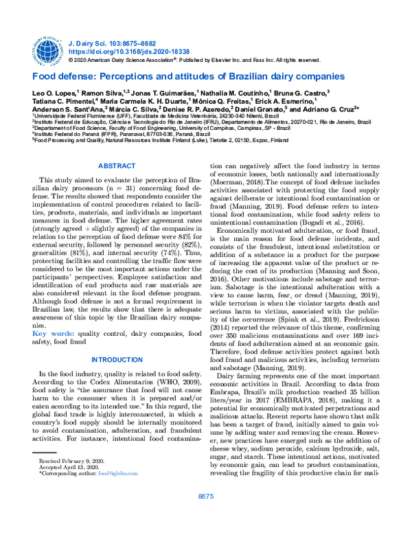 (PDF) Food defense: Perceptions and attitudes of Brazilian dairy companies