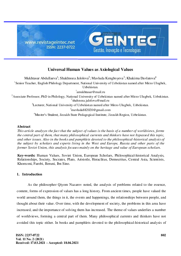 (PDF) Universal Human Values as Axiological Values