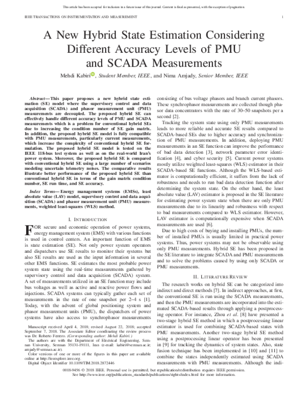 Pdf A New Hybrid State Estimation Considering Different Accuracy Levels Of Pmu And Scada