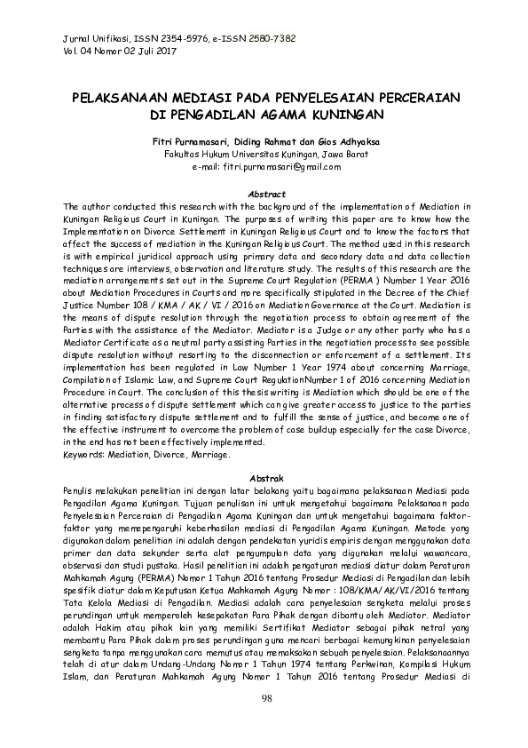(PDF) Pelaksanaan Mediasi Pada Penyelesaian Perceraian DI Pengadilan ...