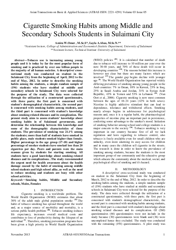 (PDF) Cigarette Smoking Habits among Middle and Secondary Schools ...