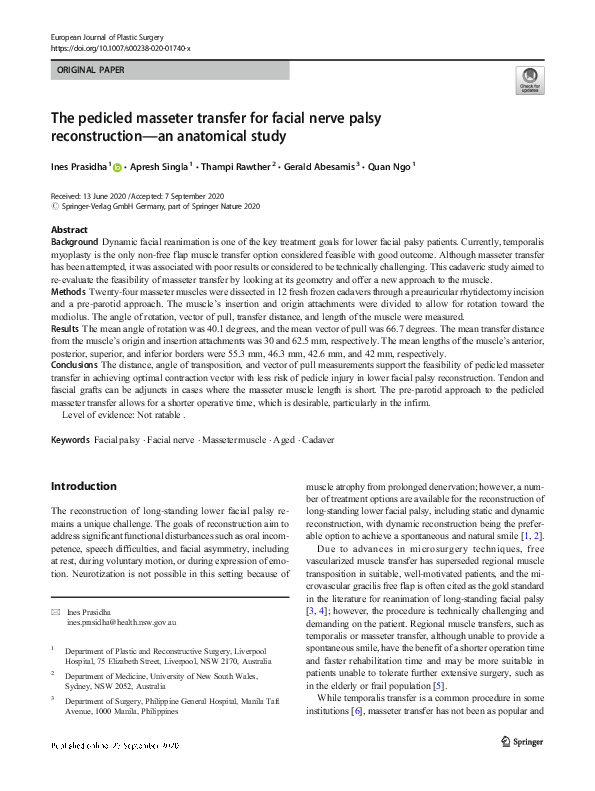 (PDF) The pedicled masseter transfer for facial nerve palsy ...