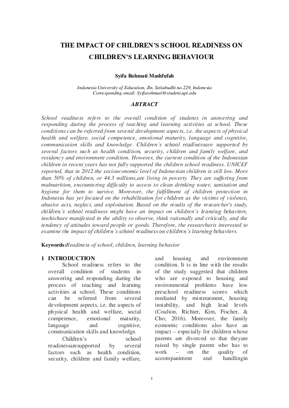 (PDF) The Impact of Children’s School Readiness on Children’s Learning ...
