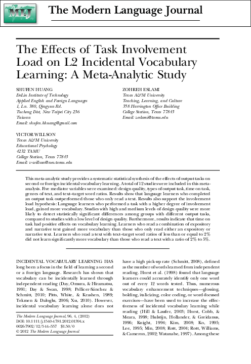 (PDF) The Effects of Task Involvement Load on L2 Incidental Vocabulary ...