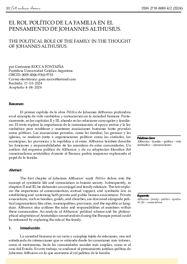 (PDF) El Rol Político de la Familia en el Pensamiento de Johannes Althusius