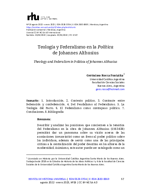 (PDF) Teología y Federalismo en la Política de Johannes Althusius