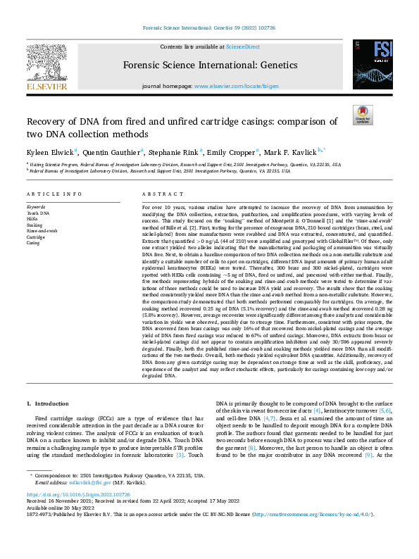 (PDF) Recovery of DNA from fired and unfired cartridge casings ...