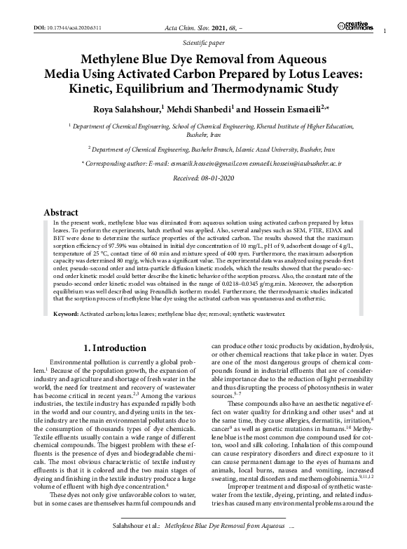 (PDF) Methylene Blue Dye Removal from Aqueous Media Using Activated Carbon Prepared by Lotus ...
