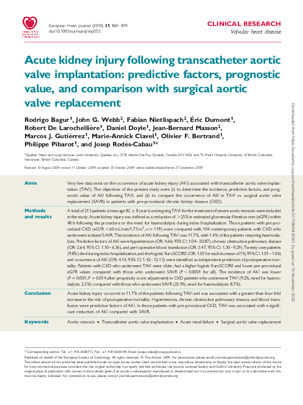 (PDF) Acute kidney injury following transcatheter aortic valve implantation: predictive factors ...
