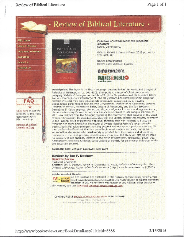 (PDF) Jon Dechow review of Demetrius Katos, Palladius of Helenopolis