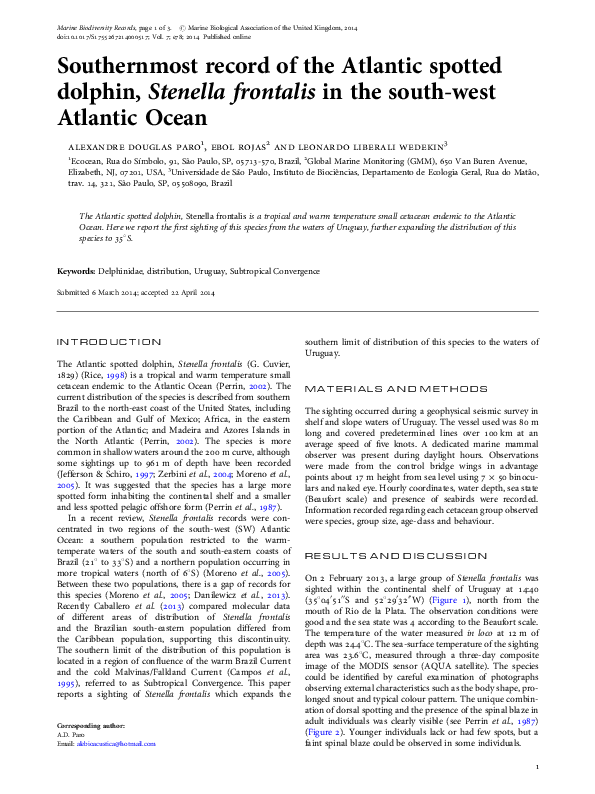 (PDF) Southernmost record of the Atlantic spotted dolphin, Stenella ...
