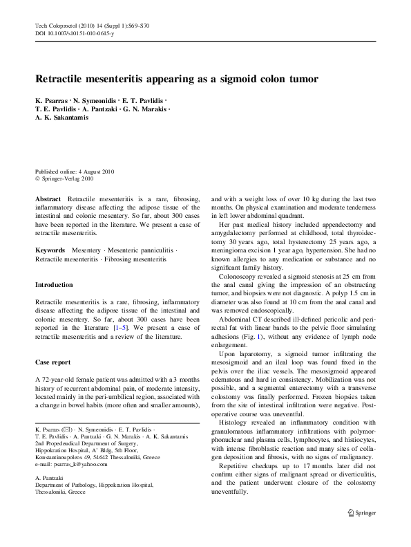 (PDF) Retractile mesenteritis appearing as a sigmoid colon tumor
