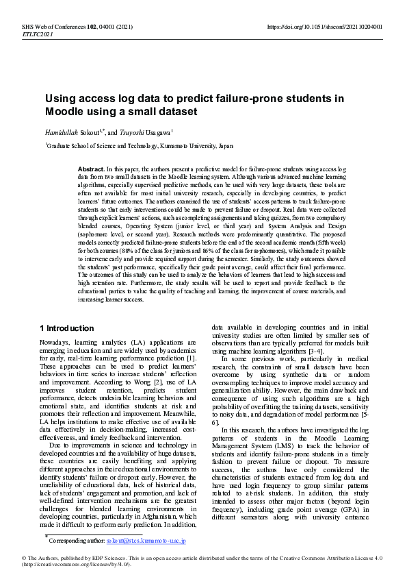 (PDF) Using access log data to predict failure-prone students in Moodle using a small dataset