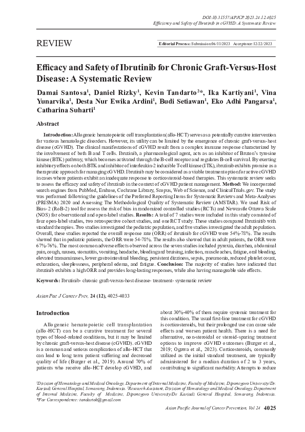 (PDF) Efficacy and Safety of Ibrutinib for Chronic Graft-Versus-Host Disease: A Systematic Review