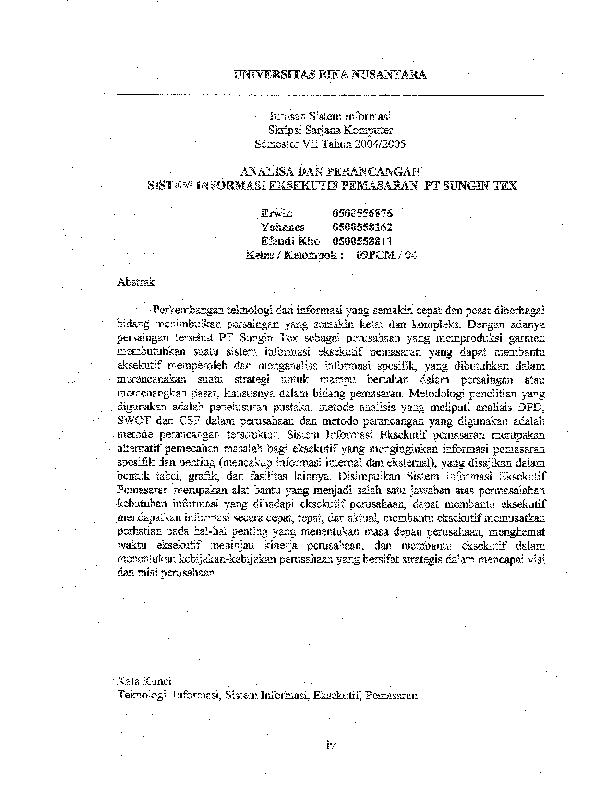 (PDF) ANALISA DAN PERANCANGAN Sis InfoEKSEKUTIF PEMASARAN PT. SUNGIN TEX