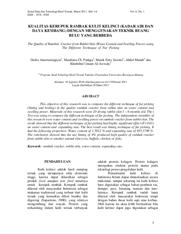 (PDF) The Quality of Rambak Cracker from Rabbit Skin (Water Content and ...