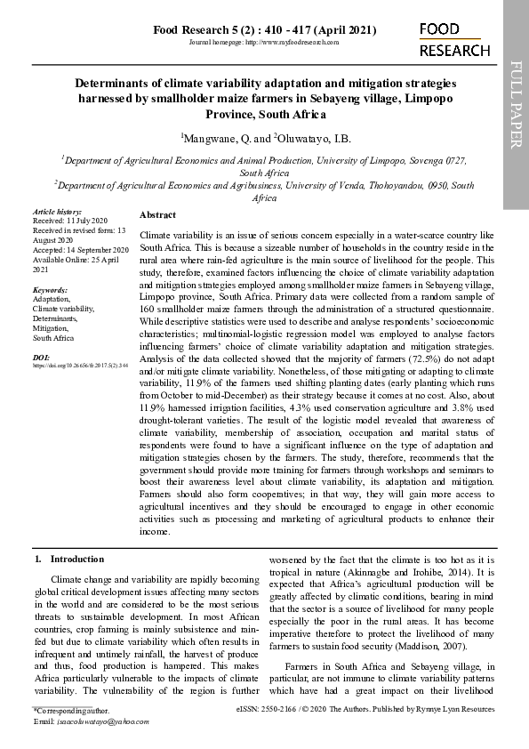 (PDF) Determinants of climate variability adaptation and mitigation ...